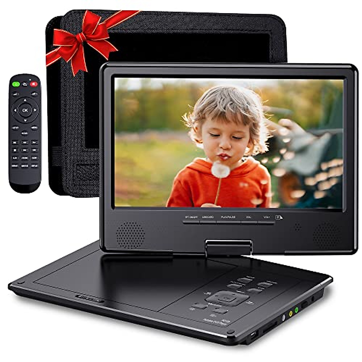 12.5" Portable DVD Player with 10.1" Large HD Swivel Screen, 5-Hour Built-in Rechargeable Battery, Car Headrest Case, Car Charger, Support USB/SD Card/Sync TV, Black