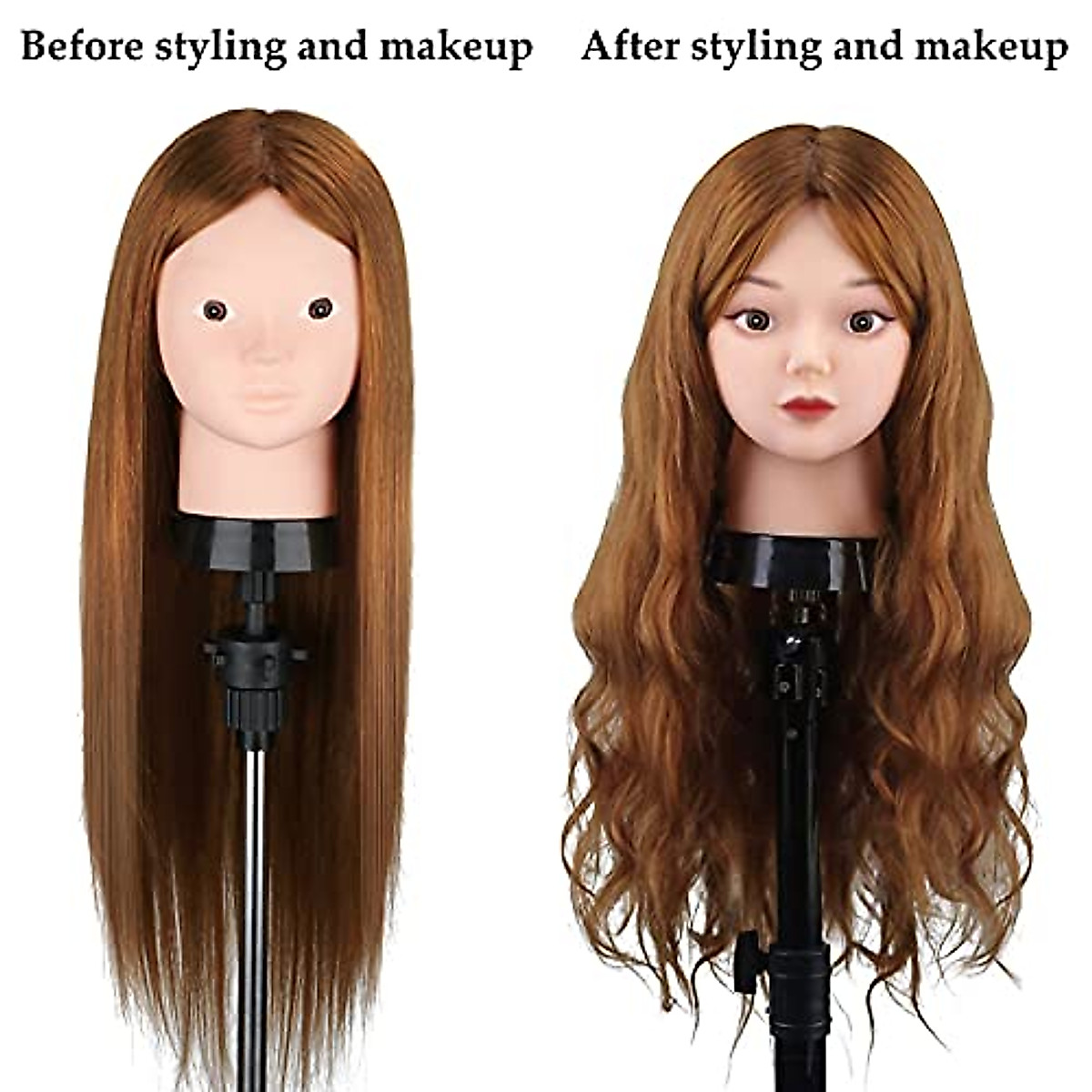 Beauty Star-Mannequin Head with 80% Real Human Hair, Mannequin Head with hair, Manikin Doll Head for Hair Styling with Table Clamp Holder + DIY Hair Styling Braid Set, Cosmetology Makeup Hairdressing Training Head ( Long 23.5inch, Light Brown )