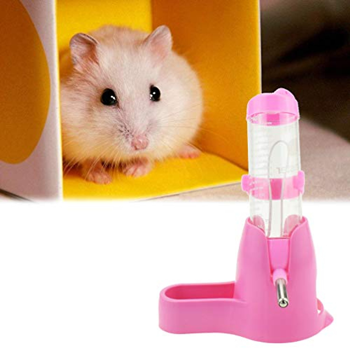 Hemobllo Pet Feeder Hamster Hanging Water Bottle Pet Dispenser with Base Hut Pet Auto Dispenser for Dwarf Ferrets Rabbits Hamster Mouse Rat Hedgehog and Other Small Animals (125ML, Pink)