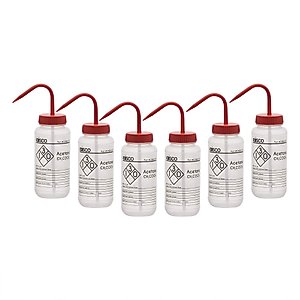 EISCO 6PK Wash Bottles for Acetone, 500ml - Labeled with Chemical Information & Safety Information (1 Color) - Wide Mouth, Self Venting, Low Density Polyethylene - Performance Plastics Labs