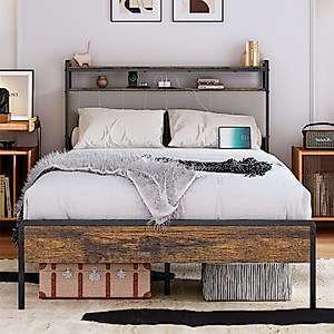 Redlife Full Size Bed Frame with 2-Tier Storage Headboard, Metal Platform Bed Frame with Charging Station & Upholstered, Noise-Free, No Box Spring Needed, Easy Assembly, Rustic Brown