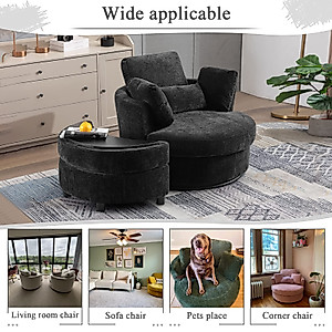 Chair and A Half with Ottoman, 360° Swivel Accent Barrel Chair Modern Comfy Round Reading Sofa Swivel Chairs Circle Lounge Chair for Bedroom Living Room w/4 Pillow Lower Seating Heigh (Black, Large)