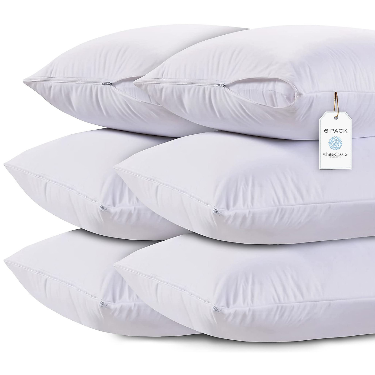 White Classic King Pillow Covers with Zipper 6 Pack - 20 x 36 Ultra-Soft, Cozy and Noiseless King Pillow Protector, 200 Thread Count, Envelope Closure, Fade-Resistant Material for a Restful Sleep