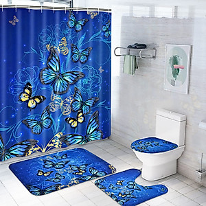 Claswcalor Teal Daisy Shower Curtain Set Rustic Farmhouse Floral Bathroom Sets with Shower Curtain and Rugs Butterfly Turquoise Shower Curtain Sets with Rugs and Toilet Lid Cover for Bathroom Decor