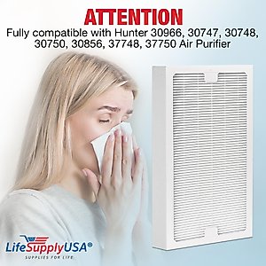 LifeSupplyUSA True HEPA Filter Replacement Compatible with Hunter 30966, 30747, 30748, 30750, 30856, 37748, 37750 Air Purifier