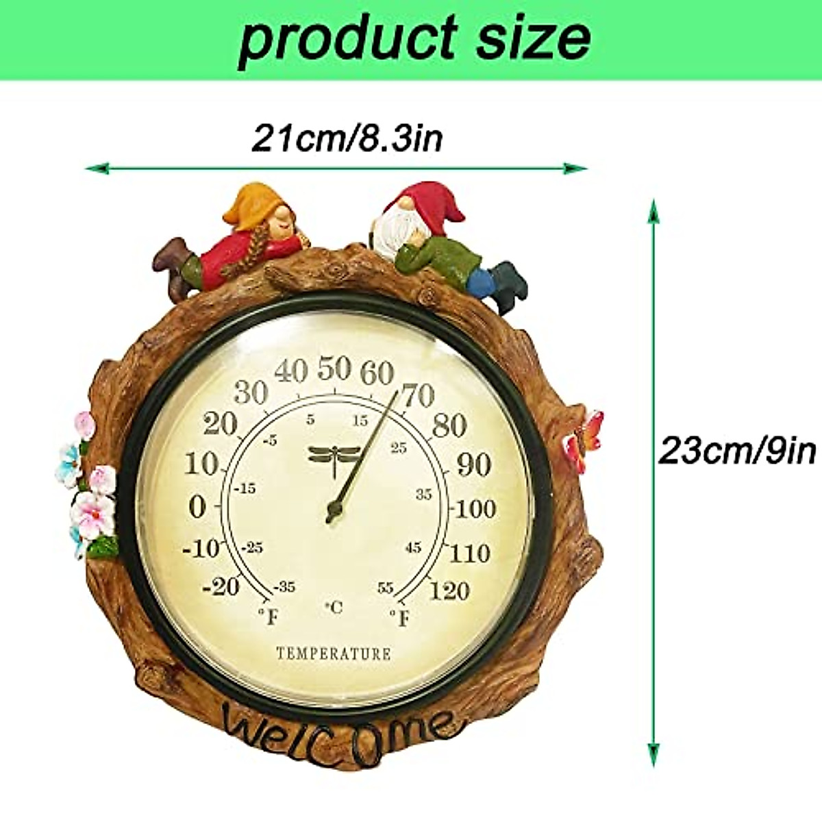 SOBLUING Gnome Weather Thermometer, Resin Couple Gnome Outdoor Indoor Thermometers, No Battery Required Thermometer Welcome Wall Decor for Fence, Garden Yard, Door, Living Room