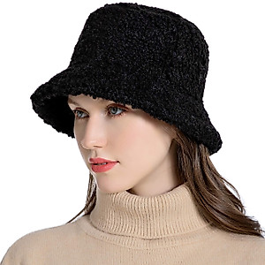Womens Winter Bucket Hat Vintage Cloche Hats Warm Faux Fur Wool Outdoor Packable Fisherman Cap Black