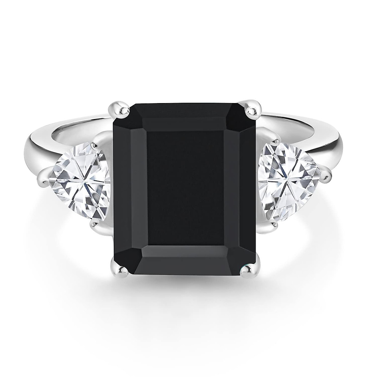 Gem Stone King 7.30 Cttw Black Onyx 3-Stone Ring For Women In 925 Sterling Silver | Emerald Cut 12X10MM | Trillion 5X5MM | Gemstone December Birthstone | Available in Size 5,6,7,8,9