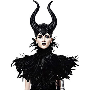 HOMELEX Evil Queen Feather Horns Costume for Women Black Cape Halloween Headpiece Shawl Accessories