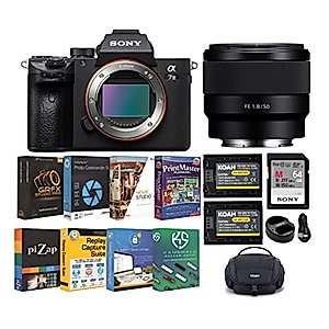 Sony Alpha a7 III Mirrorless Digital Camera Bundle with FE 50mm f/1.8 Lens, Photo Software Suite, 64GB SD Memory Card, Rechargeable Battery (2-Pack) and Charger, Camera Bag (6 Items)