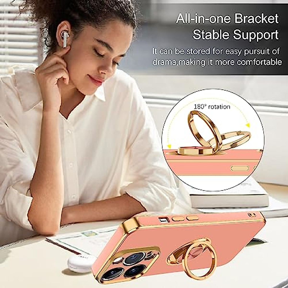 BENTOBEN for iPhone 14 Pro Max Case, Slim Lightweight 360° Ring Holder Kickstand Support Car Mount Shockproof Women Men Non-Slip Protective Case for iPhone 14 Pro Max 6.7", Sand Pink