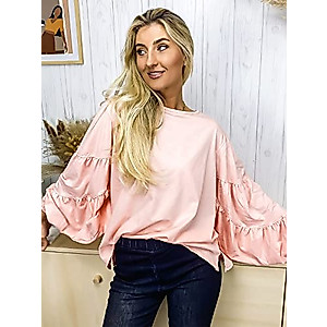 Anna-Kaci Womens Long Lantern Sleeve Soft Loose Baggy Tops T-Shirt Pullover, Rose, Small