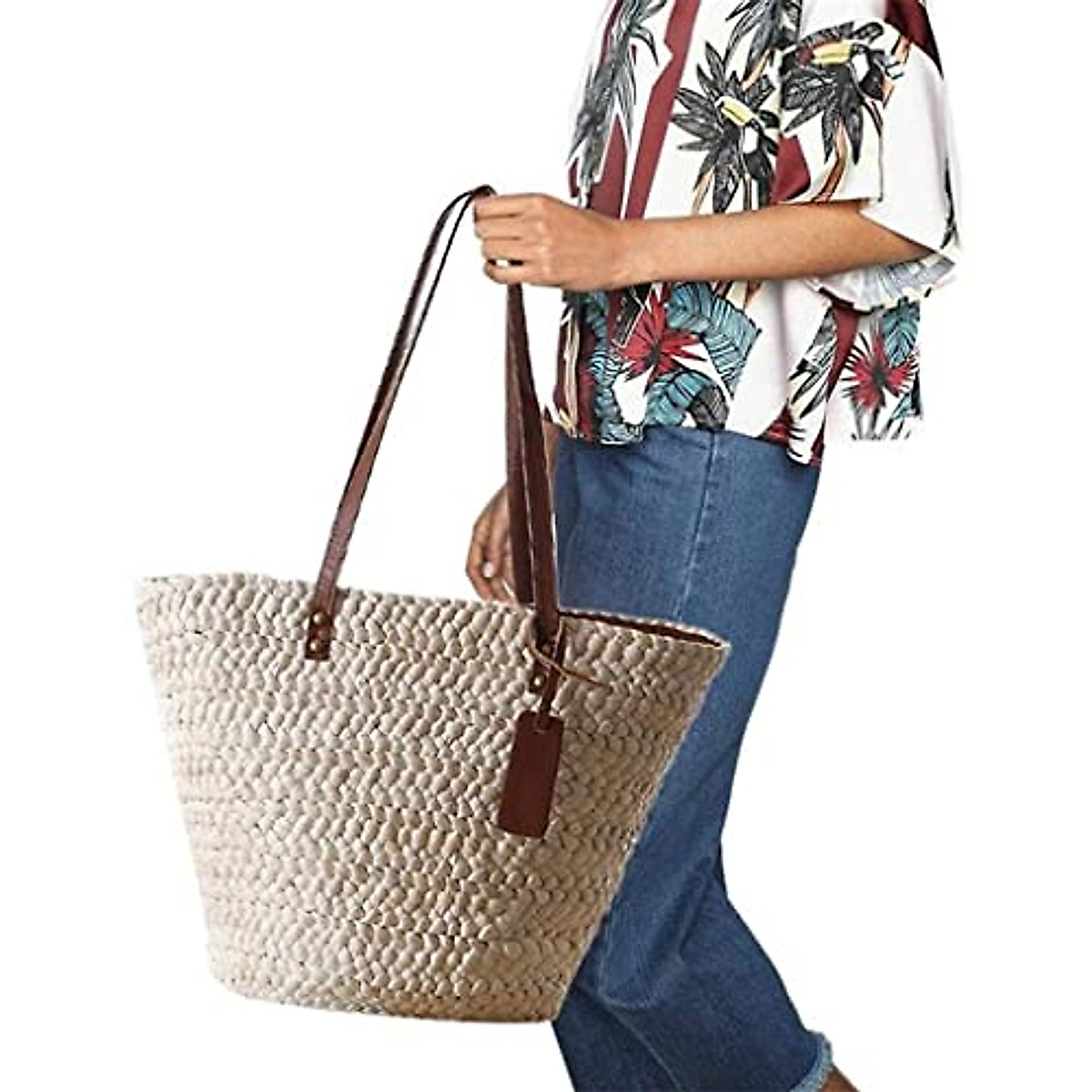 n/a Summer Straw Bags Women Handmade Woven Basket Shoulder Bags Beach Travel Large Capacity Tote Bags (Color : Photo Color, Size : One Size)