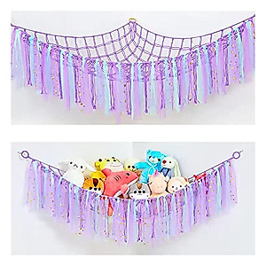 Stuffed Animal Net or Hammock with LED Light, FKSP Toy Hammock Hanging Stuffed Animal Storage Organizer Holder Room Décor with Tassels for Nursery Play Room Kids Bedroom