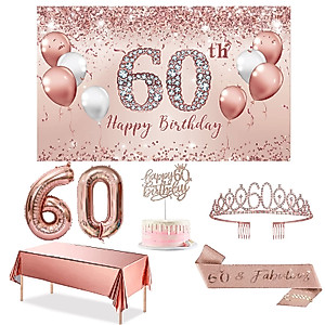 Trgowaul 60th Birthday Decorations Party Set for Women, Rose Gold 60 Birthday Banner and Tablecloth, 60 & Fabulous Sash and Tiara, 1PC Happy 60th Birthday Cake Topper, Pink Gold 60 Number Balloons
