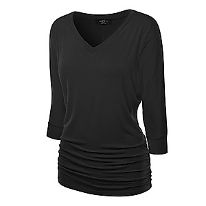 Made By Johnny MBJ WT1036 Womens V Neck 3/4 Sleeve Dolman Top with Side Shirring M Black