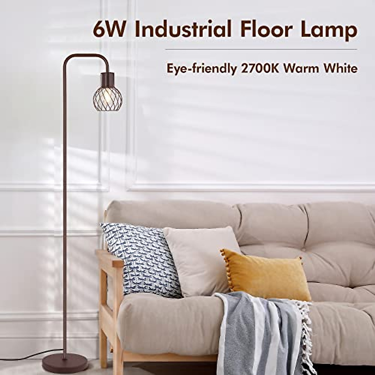 AUQUEE Floor Lamp, Industrial Floor Lamp, Modern Standing Lamp with 6W LED Bulb, Foot Switch, Metal Floor Lamp for Living Room, Bedroom, Office, Vintage，Rustic Minimalist Farmhouse Stand Up Lamp Brown