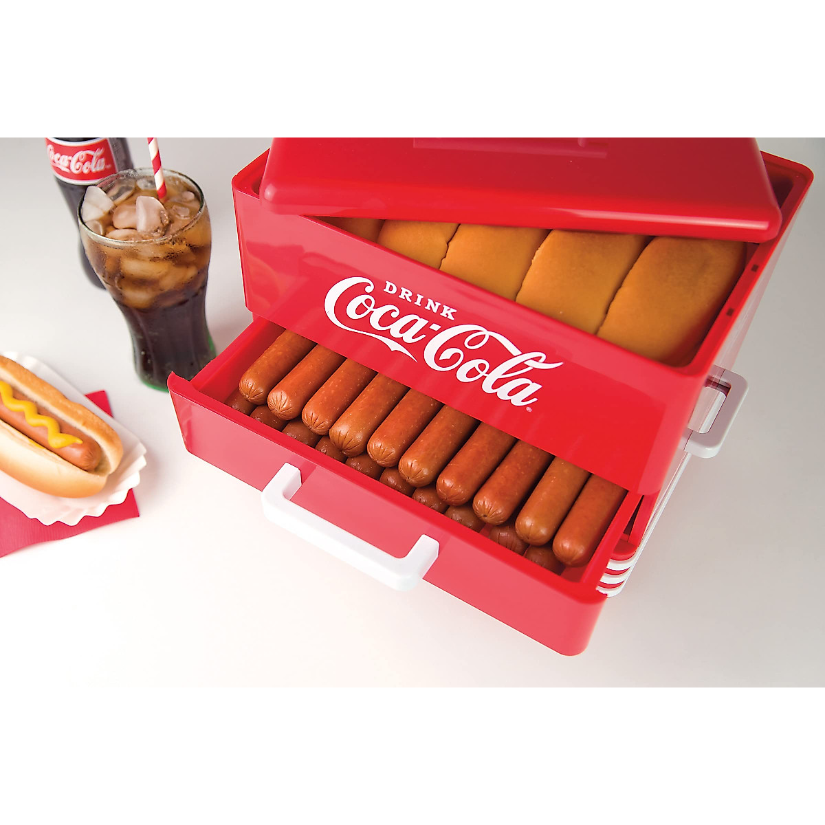Nostalgia Extra Large Diner-Style Coca-Cola Hot Dog Steamer and Bun Warmer (24 Hot Dog and 12 Bun Capacity) and Nostalgia Two-Speed Electric Coca-Cola Limited Edition Milkshake Maker and Drink Mixer