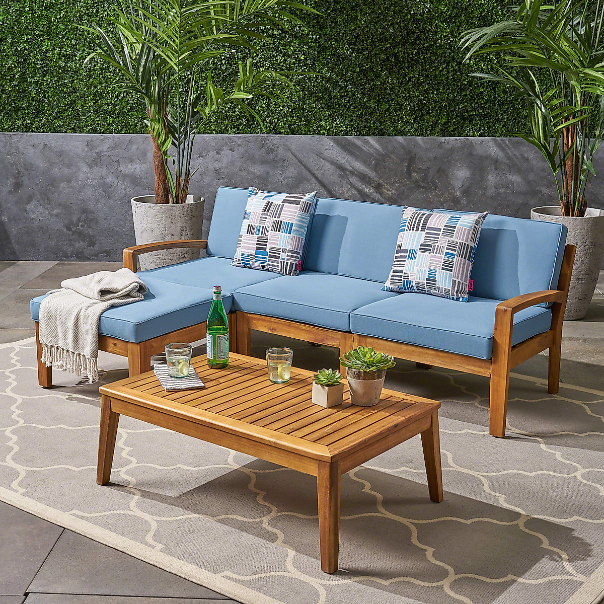 Christopher Knight Home Grenada Sectional Sofa Set | 5-Piece 3-Seater | Includes Coffee Table and Ottoman | Acacia Wood Frame | Water-Resistant Cushions | Teak and Blue, Finish