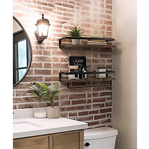 Afuly Bathroom Shelves for Wall, Floating Shelf Bathroom Over Toilet, Wall Mounted Shelves with Towel Bar Rack, Industrial Modern Home Decor Dark Brown