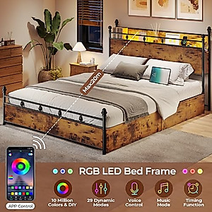 FORABAMB Queen Bed Frame with 4 Drawers, LED Bed Frame Queen Size with Headboard and Charging Station, Metal Platform Bed with Storage, No Box Spring Needed, Easy Assembly, Rustic Brown