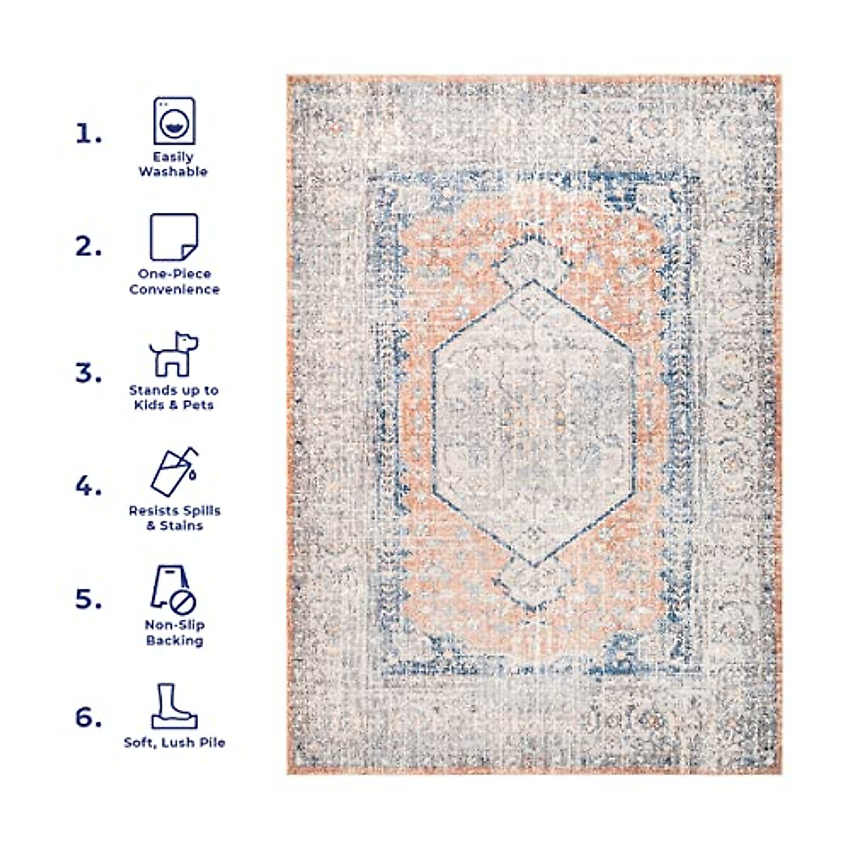 nuLOOM 5x8 Machine Washable Rain Haven Vintage Medallion Area Rug, Peach, Traditional Faded Design, Non-Slip Backing, Stain Resistant, For Bedroom, Dining Room, Living Room, Kitchen