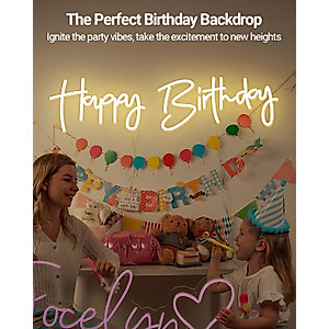 30x8 Inch Happy Birthday LED Neon Sign for Backdrop Decor, Happy Birthday Light Up Sign Adjustable with Stepless Dimmer, 12v Adapter and Hanging Chains for Birthday Party Decoration (Warm White)