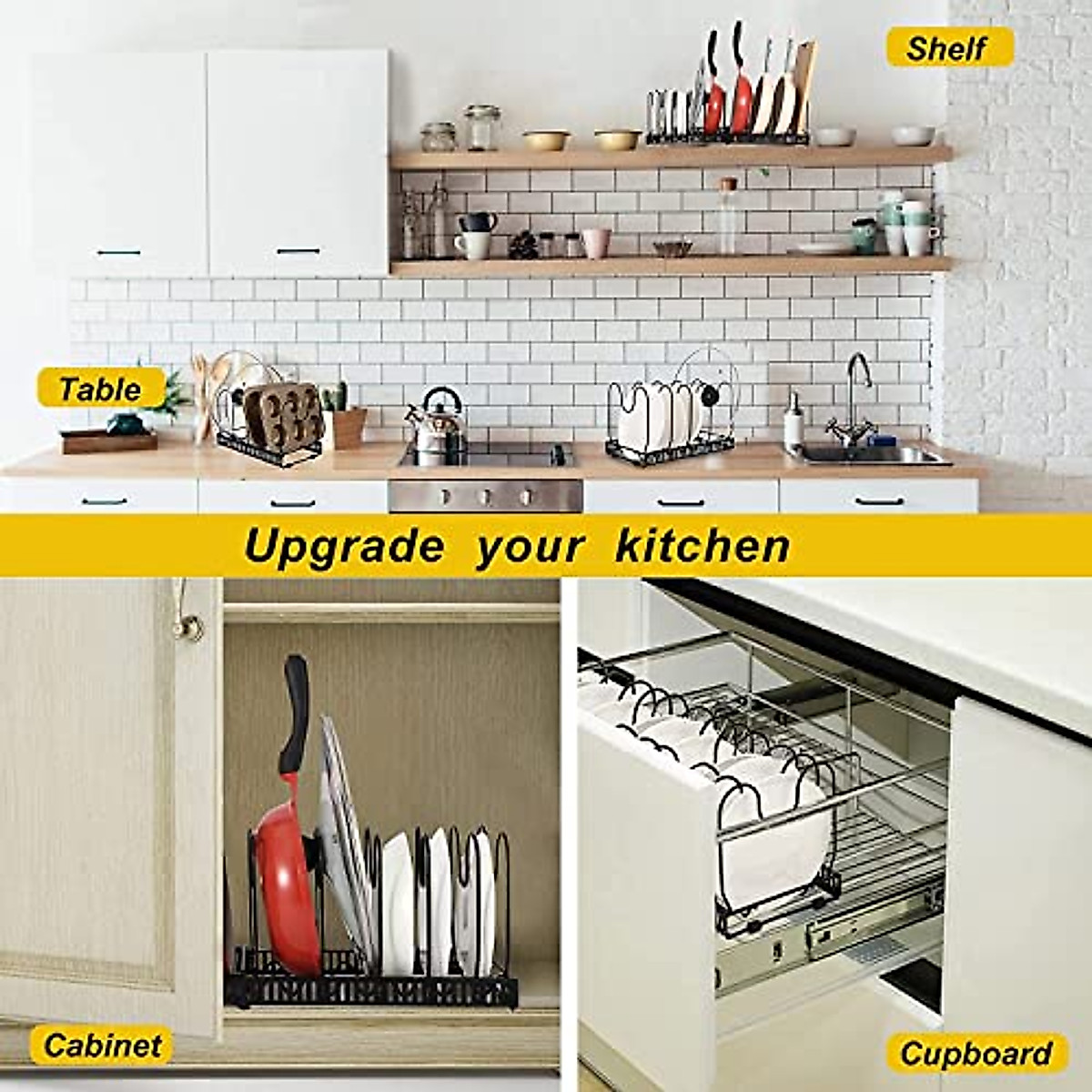 Daddynme Expandable Pot and Pan Organizers Rack, 10+ Pans and Pots Lid Organizer Rack Holder, Kitchen Cabinet Pantry Bakeware Organizer Rack Holder with 10 Adjustable Compartments