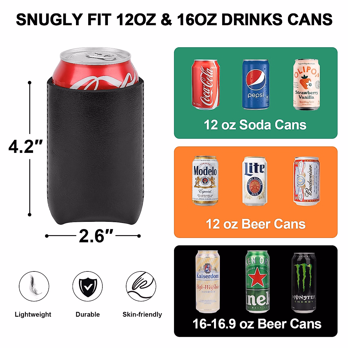 SIDESUGAR PU Leather 12oz Can Cooler Sleeve Soda Pop Cans Coolers Sleeves Beverage Insulator Holder Beer Bottles Coolers 12 OZ Standard Beer Can Sleeves Holders 4 Pack - Black/Orange/Red/Blue