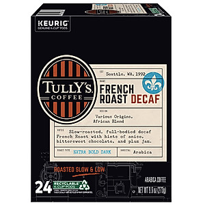 Tully's Coffee French Roast Decaf, Single-Serve Keurig K-Cup Pods, Dark Roast Coffee Pods, 96 Count, 24 Count (Pack of 4)
