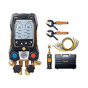 Testo 557s Kit I App Operated Digital Manifold, 2 x testo 115i Pipe Clamp Thermometer, 1 x testo 552i Micron Gauge, 4 x Hoses I for HVAC Systems – with Bluetooth