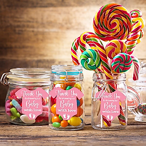 Cute Thank You for Showering Our Baby with Love Pink Baby Onesie Shaped Girl Baby Shower Thank You Stickers Labels for Girl Baby Shower Birthday Party Favor Label Decorations(10 in,80 Labels)