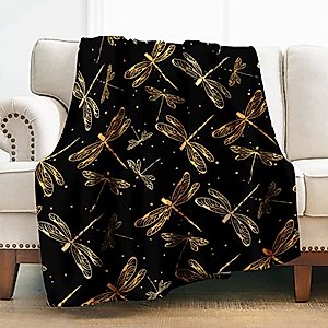 Levens Dragonfly Blanket Gifts for Boys Girls Women Decor for Home Bedroom Living Room Lounge Sofa, Soft Fluffy Smooth Lightweight Throw Blankets Gold Black 50"x60"