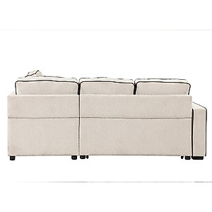 P PURLOVE L-Shaped Pull Out Sleeper Sofa Bed, Modern Convertible Sleeper Sofa with 2 USB Ports, 2 Power Sockets and 3 Pillows, L Shape Linen Sectional Sofa for Living Room, Bedroom, Office, Cream