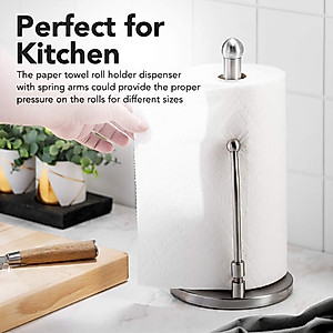 QUAL-LITE Stainless Steel Paper Towel Holder Stand - Weighted Paper Towel Organizer with Tension Arm for Any Tissue Roll Size - Modern Countertop Paper Towel Holder - Rust-Proof