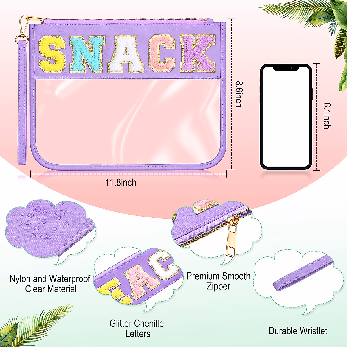 Remerry 4 Pack Chenille Letter Bag Clear Monogram Cosmetic Makeup Bag Travel Snack Beach Stuff Patch Pouch Preppy Gifts for Women Girls(Pink, Beige, Purple, Blue, Novel)