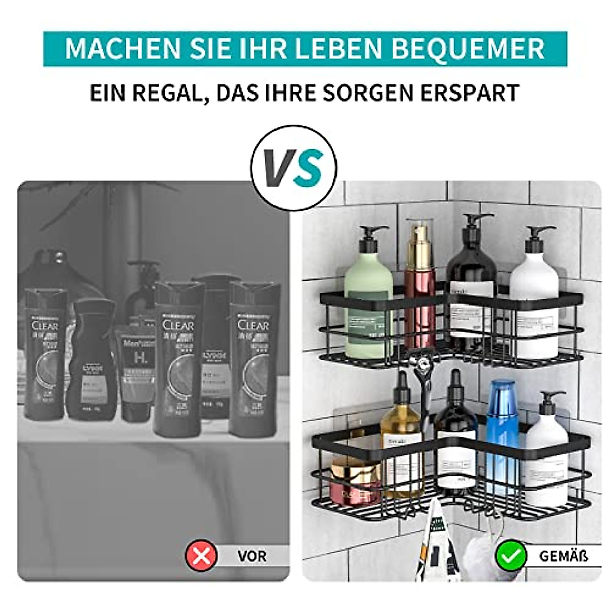 Yazoni Corner Shower Caddy, Adhesive Shower Shelves No Drilling [2-Pack], Rustproof Stainless Steel Bathroom Shower Organizer Wall Mounted with 8 Hooks and 6 Adhesives (Black)