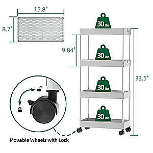 OTK Storage Cart 4 Tier Mobile Shelving Unit Organizer, Utility Rolling Shelf Cart with Wheels for Bathroom Kitchen Bedroom Office Laundry Narrow Places, White