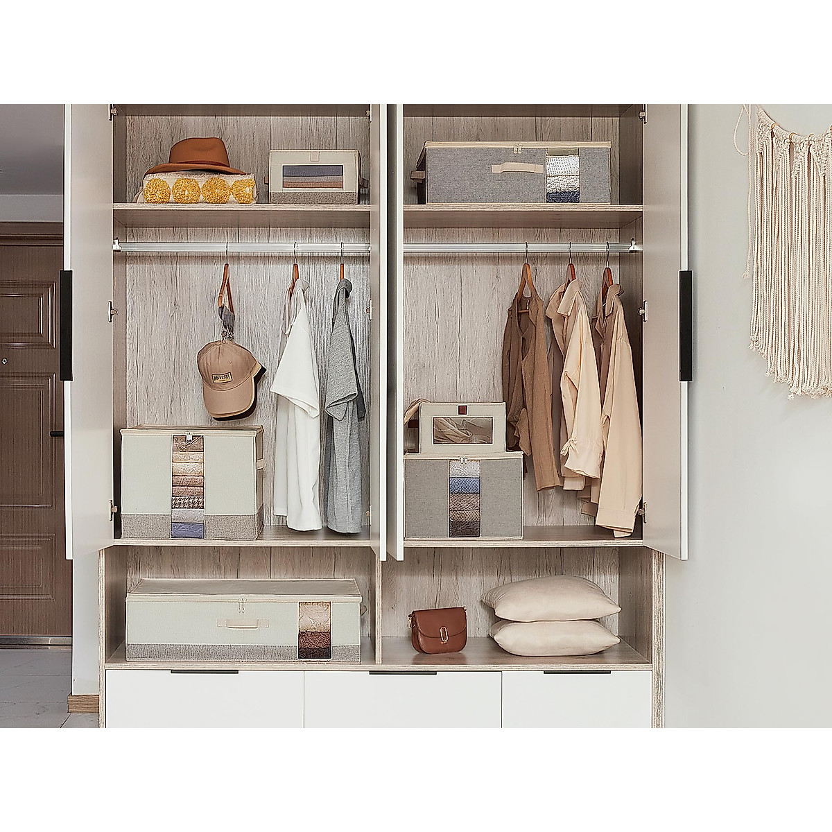 LoforHoney Home Large Storage Bins with Lids, Collapsible Storage Bins with Clear Windows, Blanket Storage Baskets with Zip Lids, Closet Storage Bins for Clothes, Beige & Gray, 2-Pack, 17.7x13.8x9.8