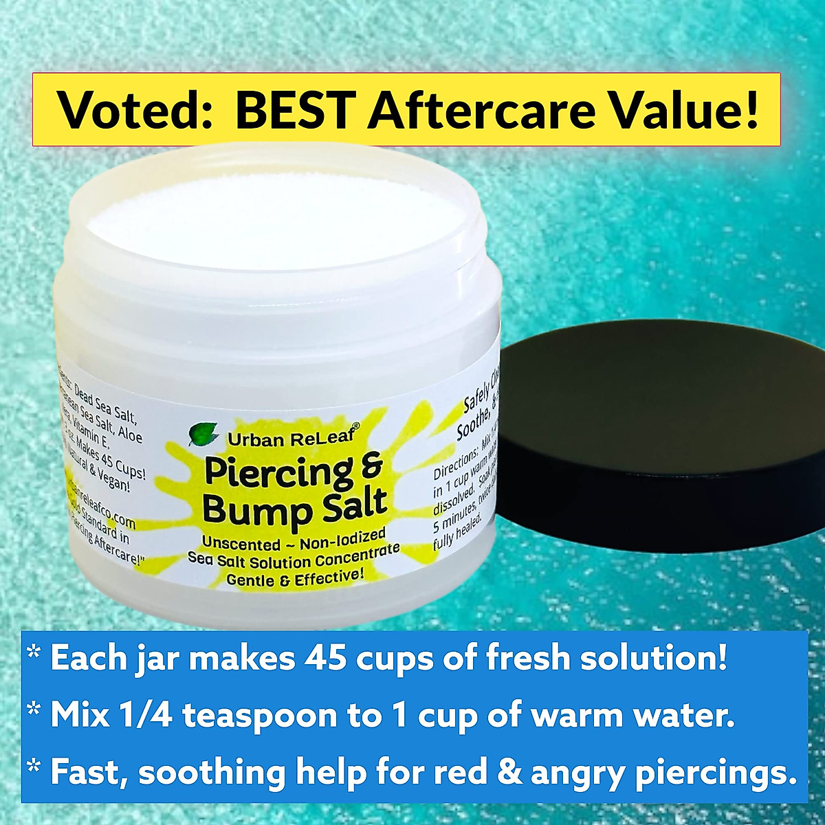 Urban ReLeaf Piercing & Bump Salt ! Unscented Sea Salt Solution Concentrate. Makes 45 Cups! Gentle Effective Clean Soothe Calm. Non-iodized. It works! Cleanse and Soak, Fresh Saline Aftercare