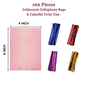 100pcs Cellophane Treat Bags, 4"x6" Iridescent Holographic Goodie Bags, Candy Bags Party Favors Bags with Twist Ties for Birthday Wedding Halloween Christmas, Valentines (4 x 6 inches (Pack of 100))
