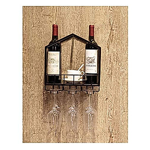 Stylish Simplicity Wine Rack Wall-Mounted Wine Rack and Glass Holder,Vintage Pine Wood and Wrought Iron Combination, Home and Kitchen Bar Decoration Accessories, Multi-Style Color Size Optional , PIB