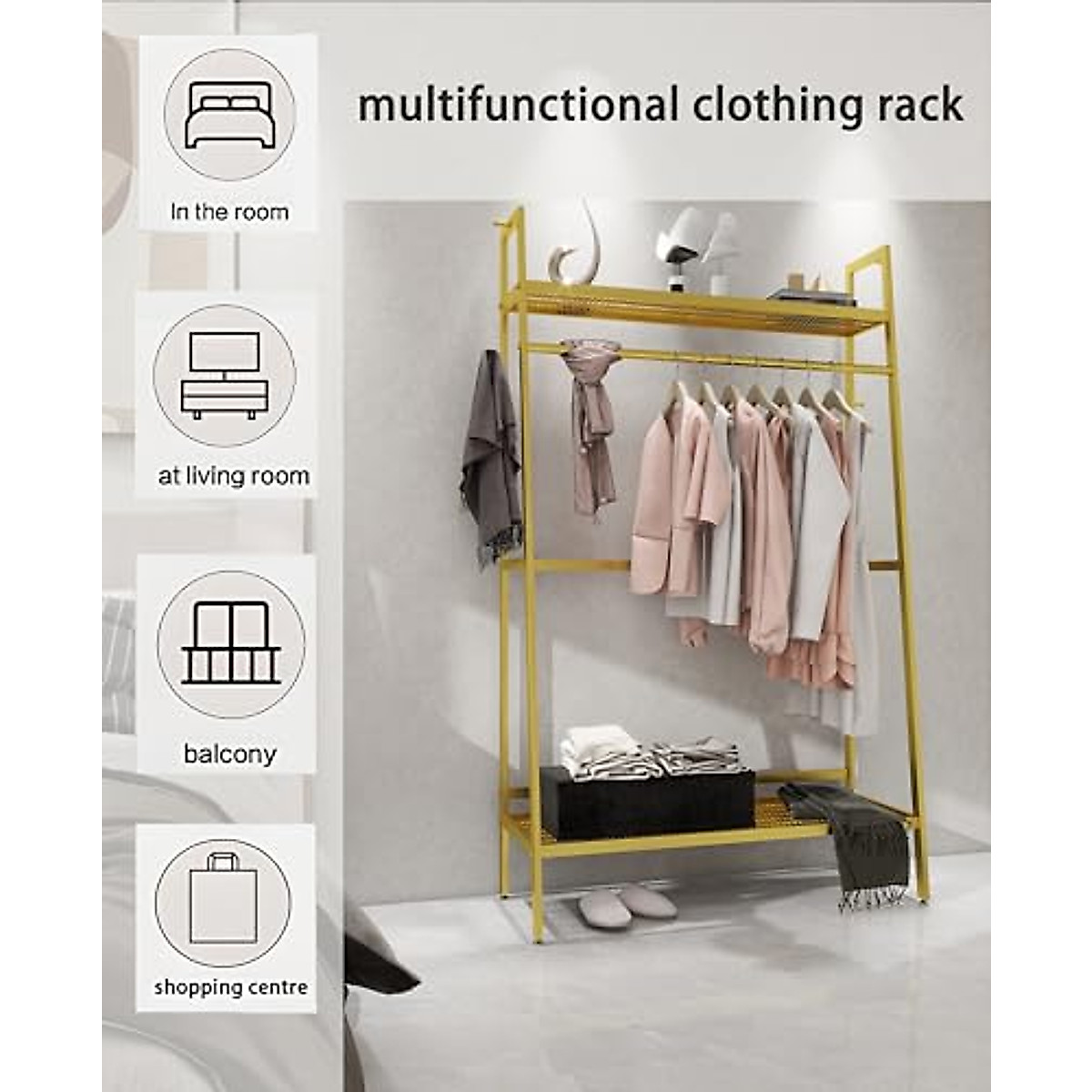 Garment Rack and Clothes Rack: Chic Gold Heavy-Duty & Stylish Clothing and Garment Rail with Double Layer Storage Shelf for Clothes, Shoes, and More. Perfect for Bedroom, Office, or Living Room.