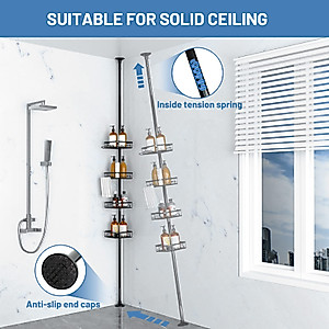 Shower Caddy Corner Organizer for Bathroom, Rustproof Stainless Design, 4 Large Shower Shelves and 2 Small Basket for Storage, Adjustable Height Tension Pole Extend from 23.6 to 114.5 Inch (Black)
