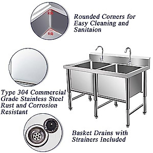 IOXGSGI Commercial 304 Stainless Steel Sink 2 Compartment Free Standing Utility Sink with Faucet Drain Basket Shelf, for Garage, Restaurant, Kitchen, Laundry Room, Outdoor