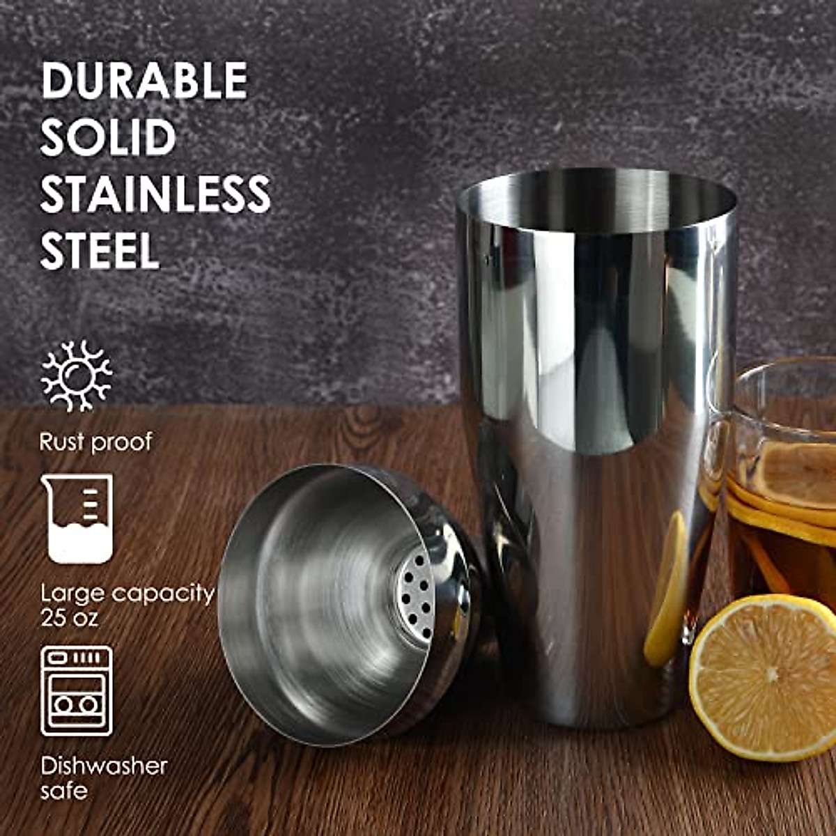 Esmula 12 Piece Bartender Kit with Bamboo Stand, 25oz Cocktail Shaker Set for Mixed Drink, Professional Bar Tool Set With Cocktail Recipes Booklet, Gift for Man Dad Friend (Silver)