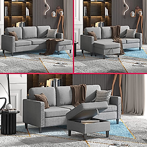 MUZZ 78” Sectional Sofa with Movable Ottoman, Free Combination Sectional Couch, Small L Shaped Sectional Sofa with Storage Ottoman, Modern Linen Fabric Sofa Set for Living Room (Light Grey)