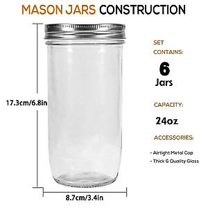 Ieavier Mason Jars Wide Mouth 24oz, 6 pack Glass Pickle Canning Jars Food Storage With Airtight Mason Jar lids and Bands for Canning, Preserving, Fermenting, Pickling, DIY Projects