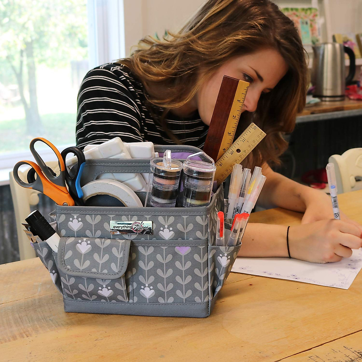 Everything Mary Collapsible Desktop Craft Organiser, Grey & White Leaf for Sewing, Scrapbooking, Paper Craft, and Art - EVM12831-1