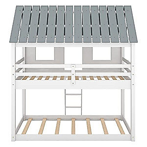 Bunk Bed Twin Over Twin , House Bed for Kids with Roof and Windows,Wood Low House Bunk Beds with Guard Rails for Toddlers ,White